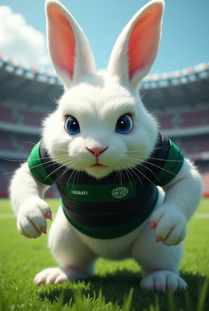 Lapin blanc, yeux bleu geant feroce sur un terrain de rugby avec un ...