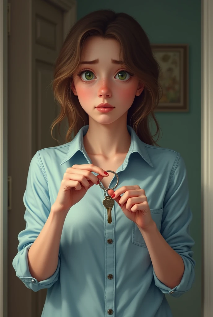 Realistic image of Emma standing in her hallway, holding an empty ...