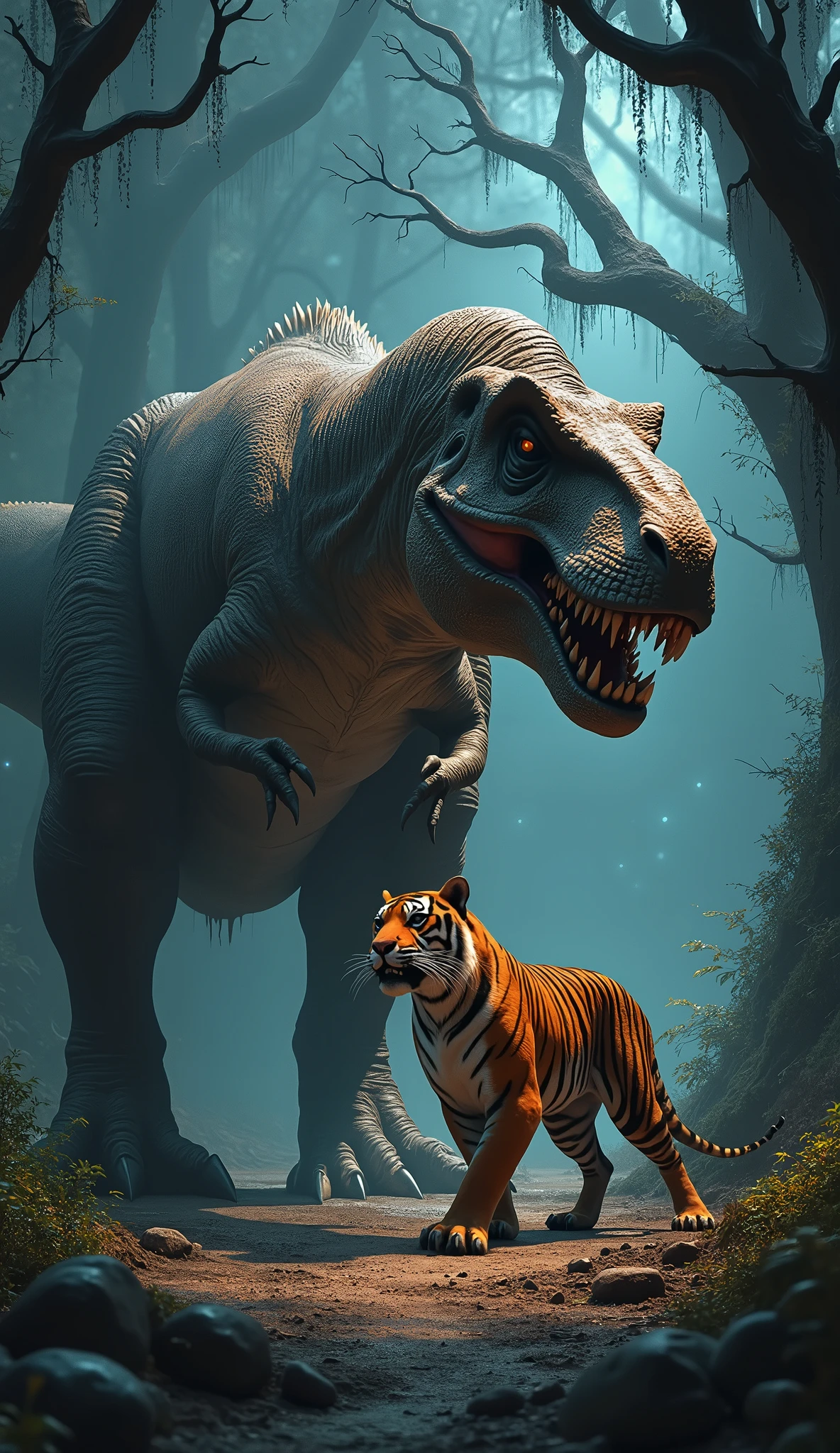There is a large dinosaur and a tiger walking in the woods - SeaArt AI