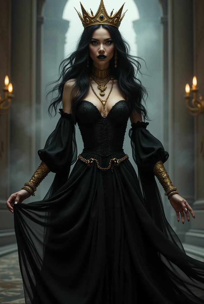 "A dark queen dressed in an elegant, flowing black gown with deep black ...