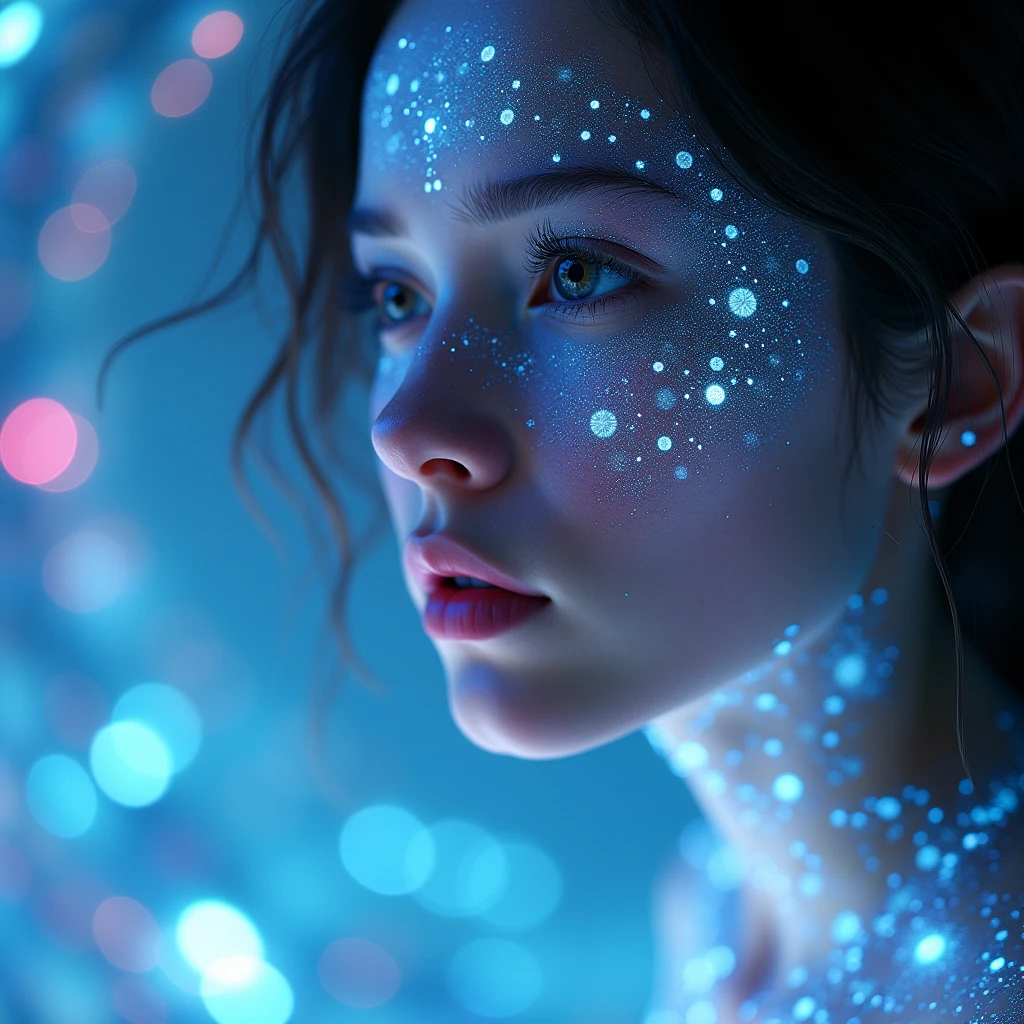 A cinematic close-up of a solitary young woman adorned in ethereal ...