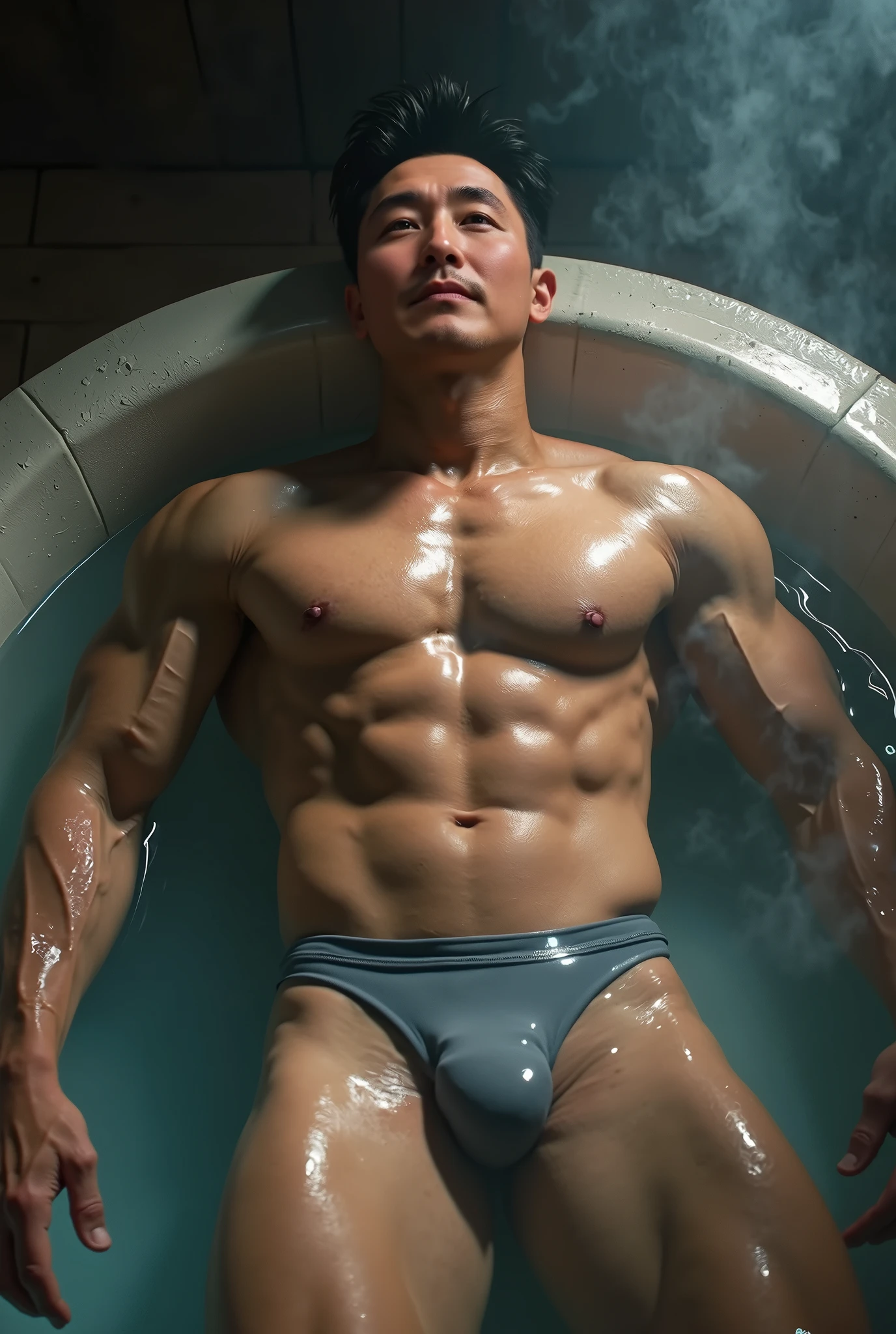 Arafed man in a bathtub with steam coming out of his chest - SeaArt AI