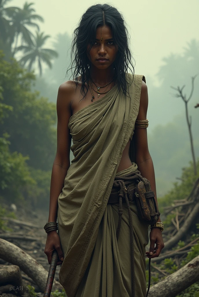 Sad Poor south indian women warrior in a aftermath of the war with a ...