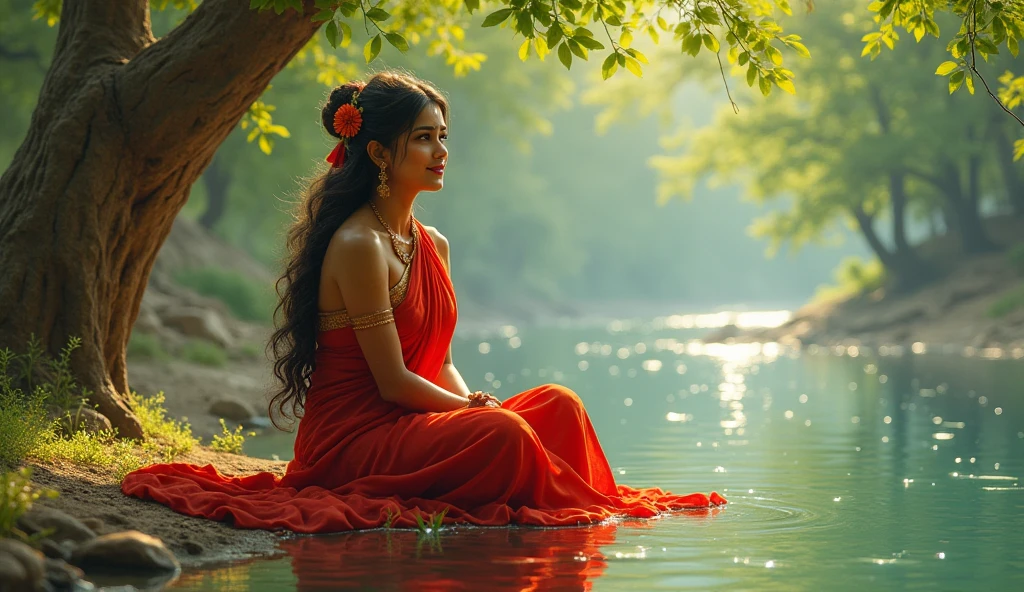 Now, Apsara's face is filled with joy. She is sitting by the banks of ...