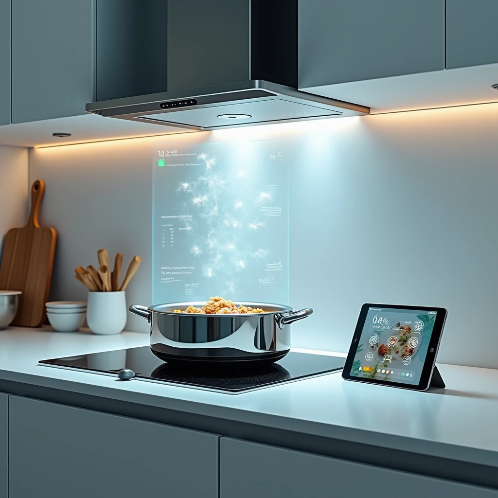 A futuristic kitchen with the infra stove in the center. A holographic ...