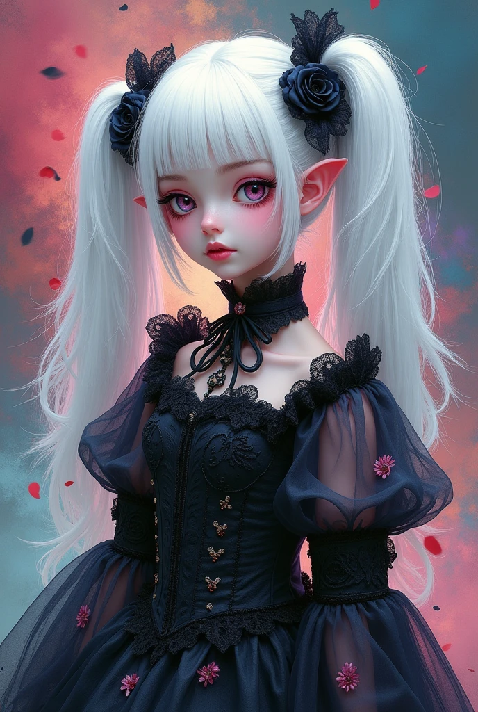 (1girl),gothic,twintails,white hair, organza lace,Gorgeous and fussy ...