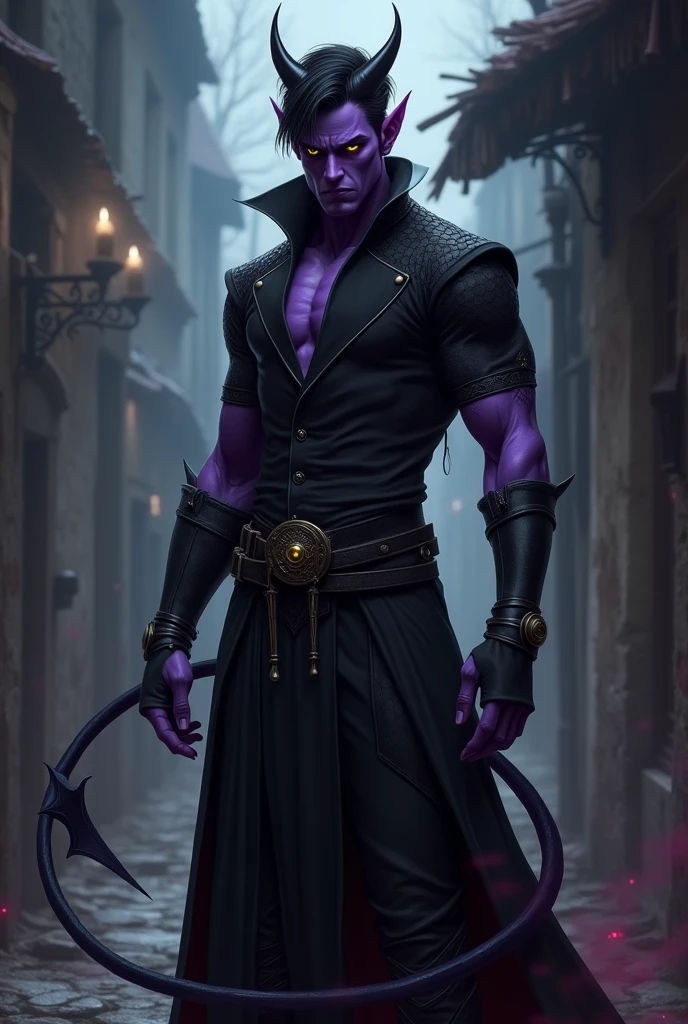 DND, Tiefling, man, yellow eye, purple skin, Devil Tail, handsome ...