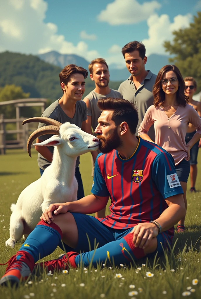 Messi sitting the farm with a goat and lot of celebrity are watching ...