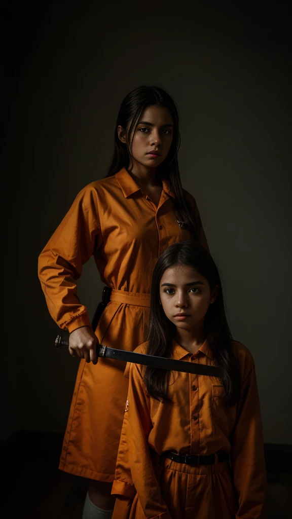 Photorealistic portrait of a cute 2 girl in an orange prison uniform ...