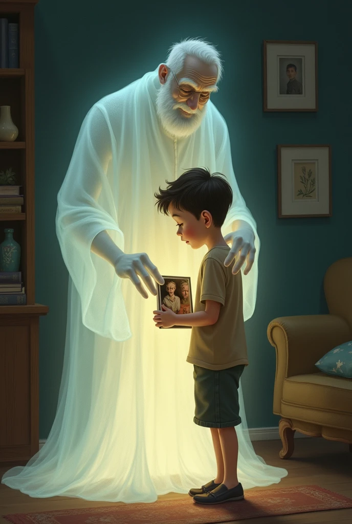 The ghost of grandpa hugging his grandson who is looking at a picture ...