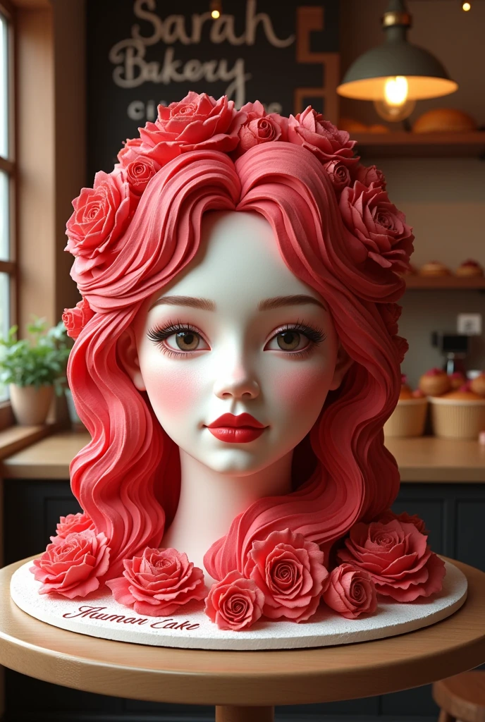 (photorealism:1.2), beautiful big red and white human face form cake ...