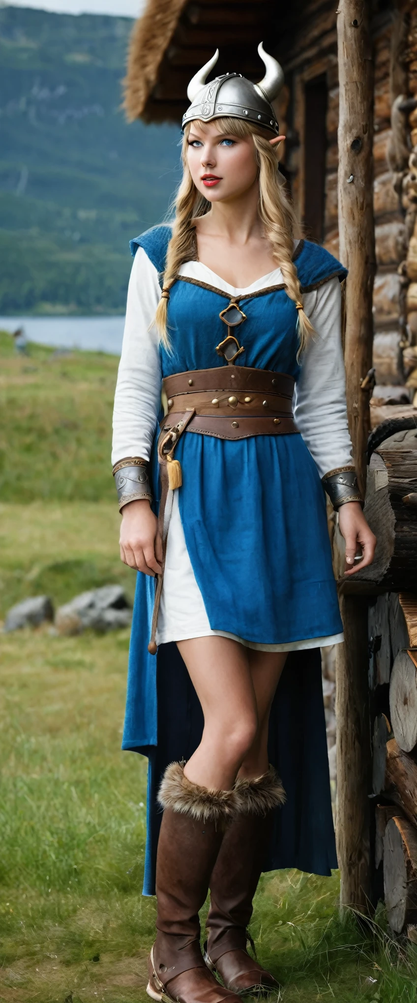 A woman in a viking costume standing next to a log cabin - SeaArt AI