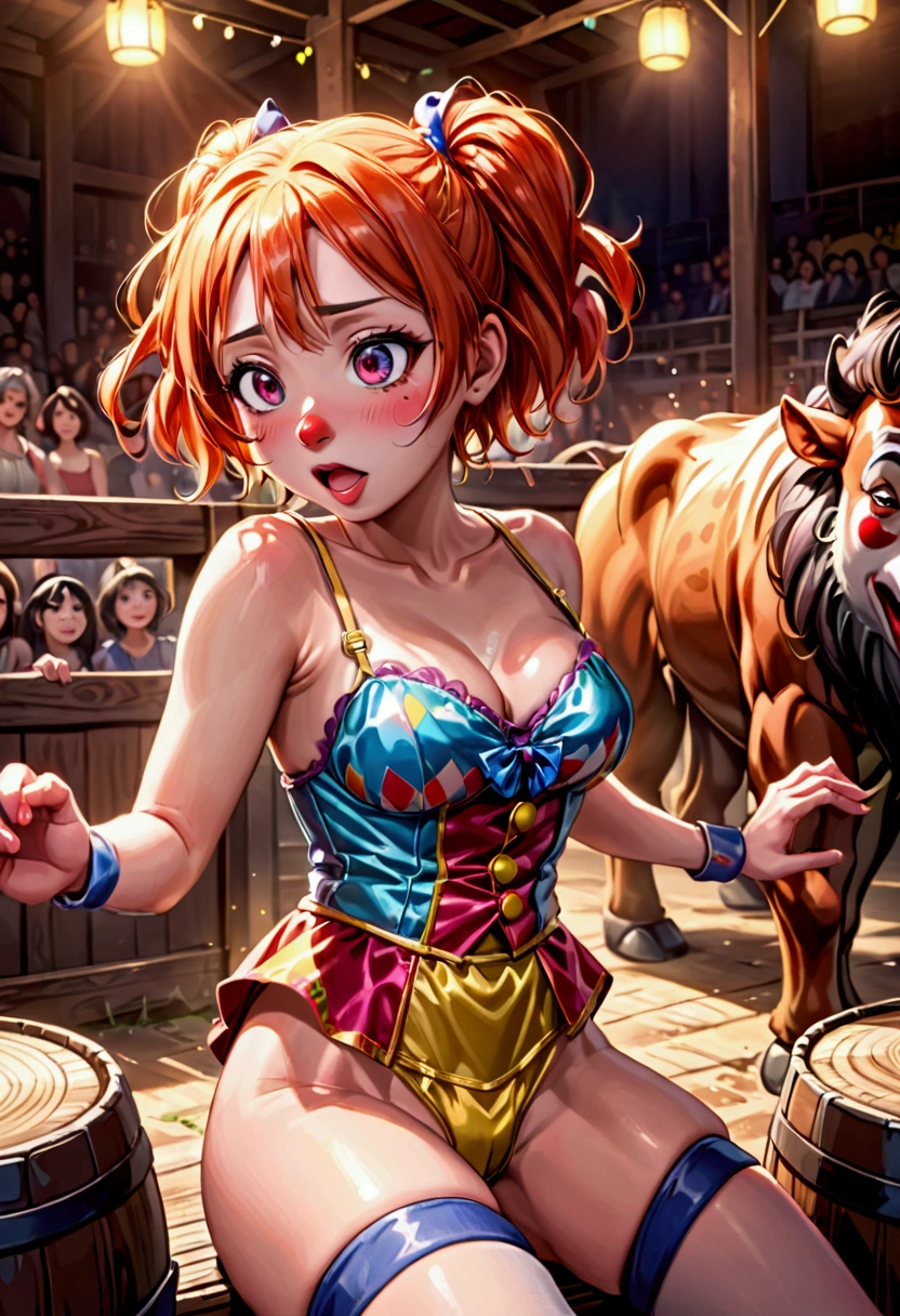 Cute yuna (age 25, sexy rodeo clown, crazy clown makeup) is in the middle of the - SeaArt AI