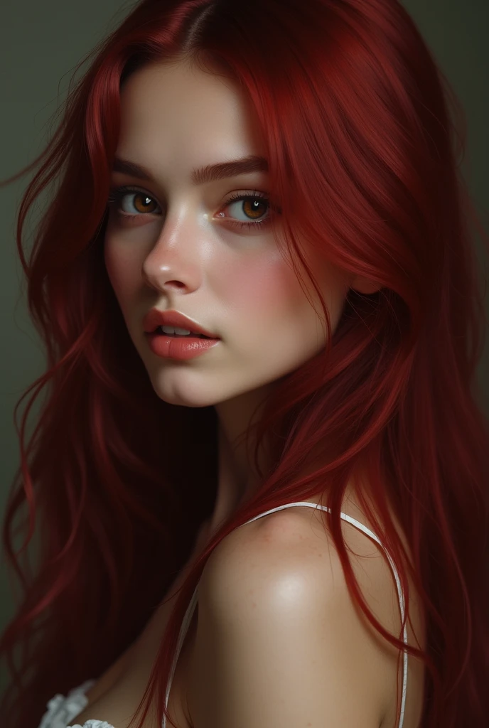 A young beautiful woman with long dark red hair - SeaArt AI