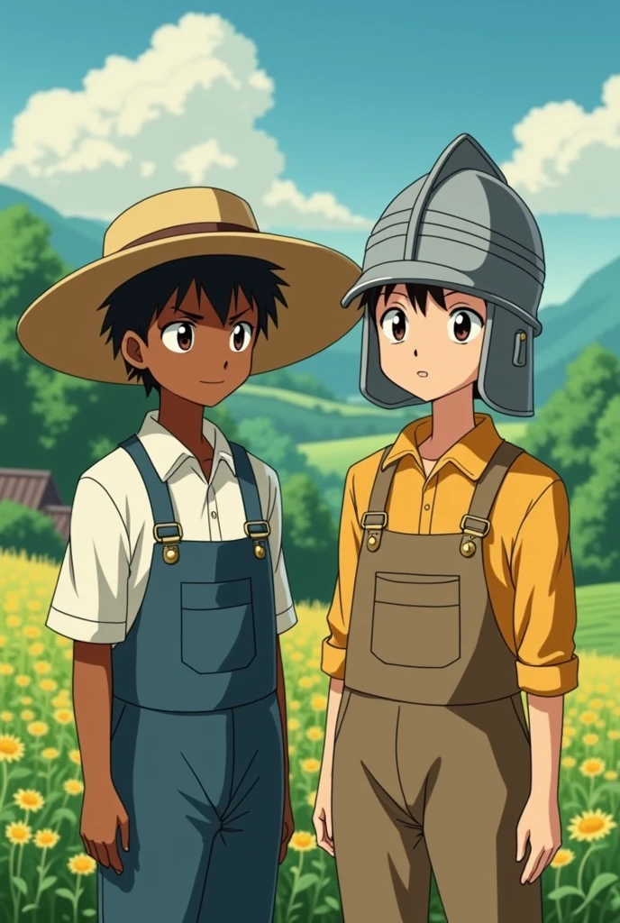a photo with traces of studio ghibli where two farmers pose for a photo ...