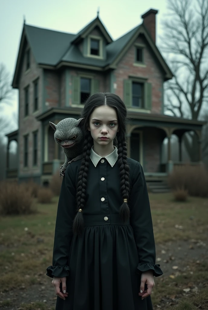 Wednesday Addams in front of a creepy old house . Thing is perched on ...