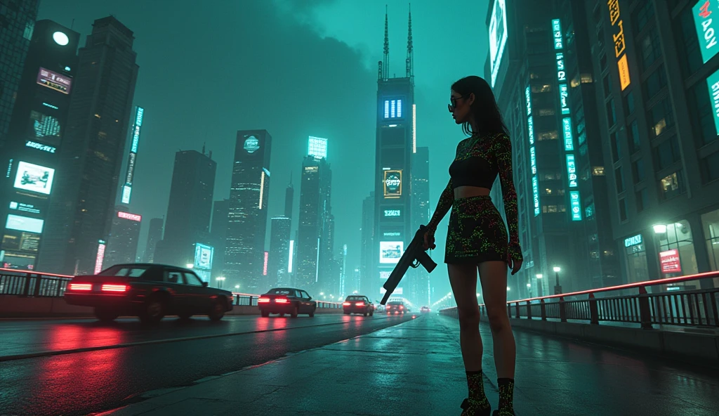 (Wide and low angle view). At night, in a surreal simple outlined retro ...