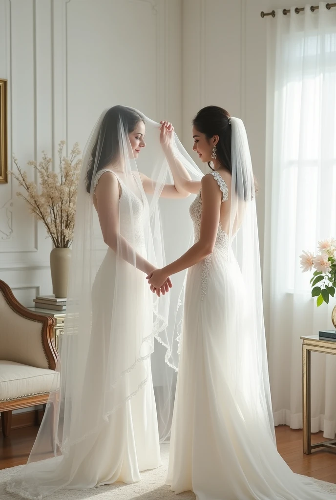 Woman trying on several veils for a wedding. In a decorated room and ...