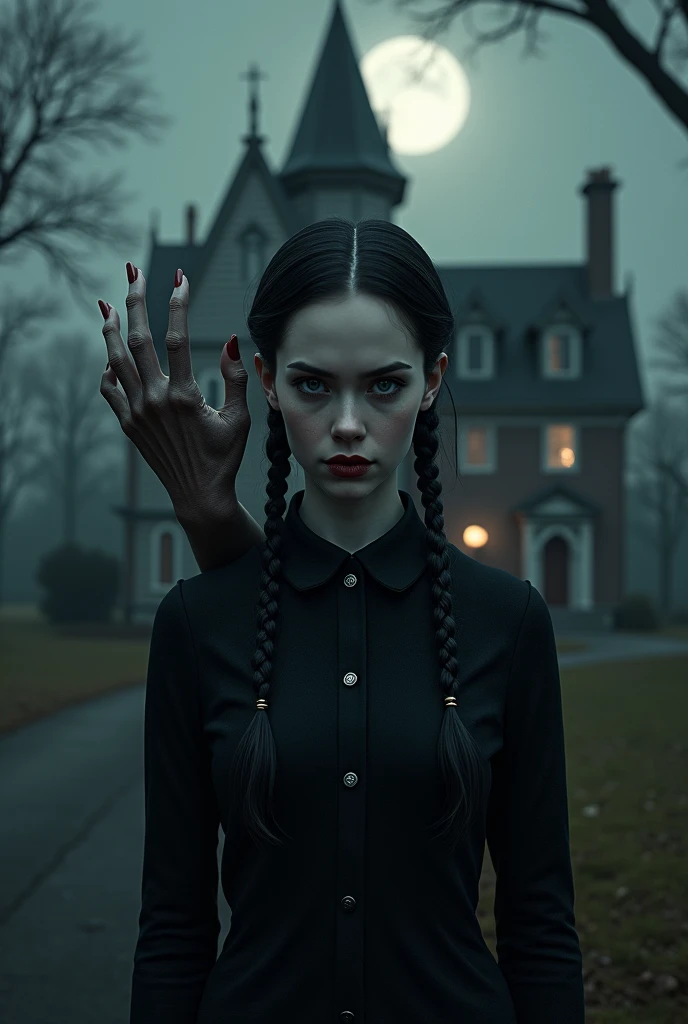 Wednesday Addams in front of the creepy Addams family mansion - SeaArt AI