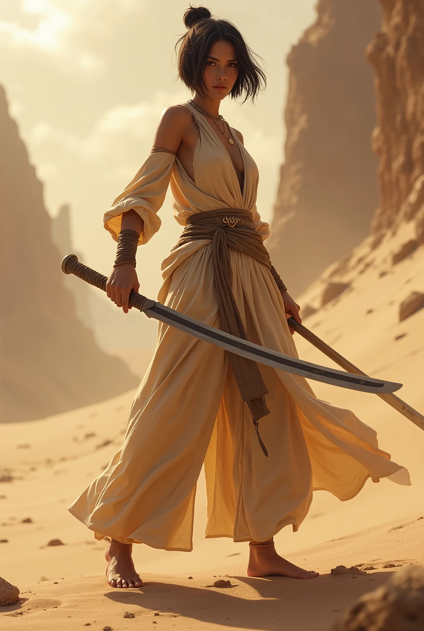 Arafed woman in a desert with a sword in her hand - SeaArt AI
