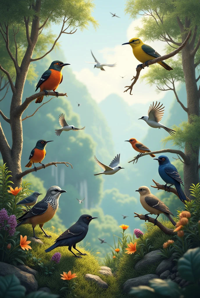 A 4k hyperrealistic image of many birds in the sky, on the tree ...