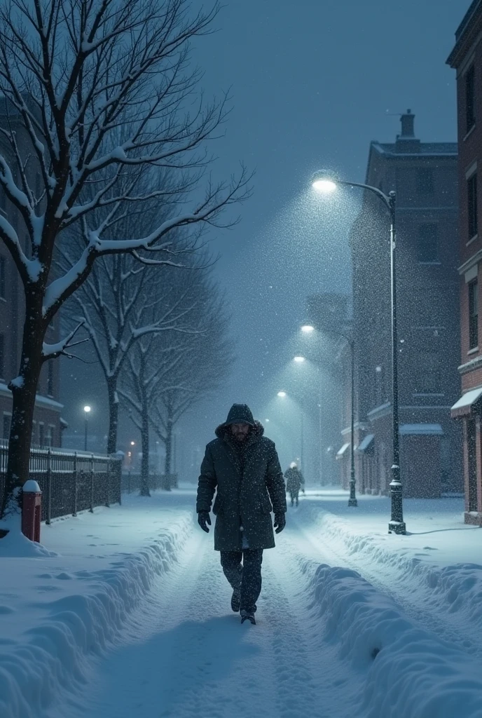 Gloomy night，snow, cold, blizzard，The protagonist is walking down the ...