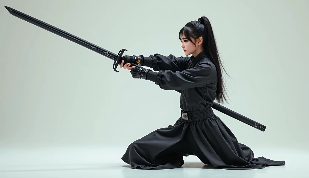 Korean 1 girl wearing outfit of a swords person handling a blackish ...