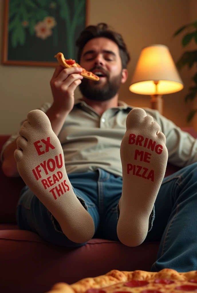Realistic man sitting in his living room eating pizza, This man has his ...