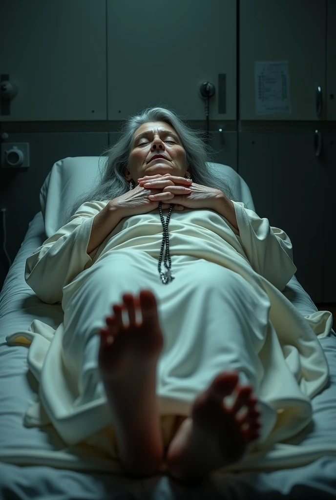 Dead 60 year old long grey hair female lying on steel embalming table ...