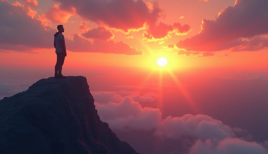 "A person standing on top of a mountain, looking out over a beautiful ...