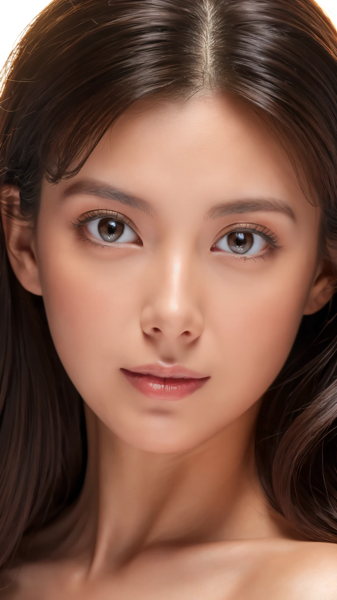 A close up of a woman with long hair and a white background - SeaArt AI