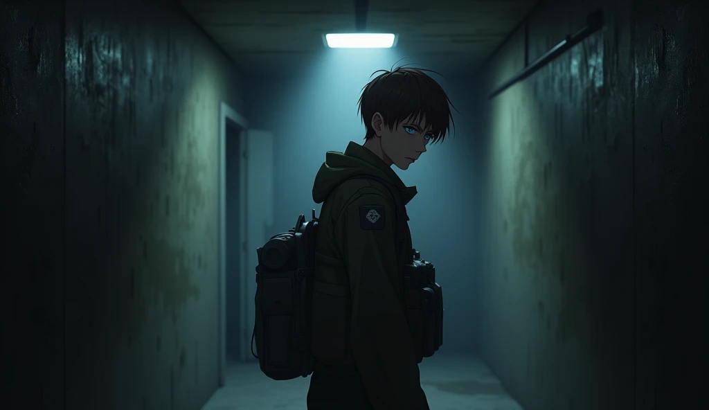 A narrow corridor inside the bunker, dimly lit by a flickering ...