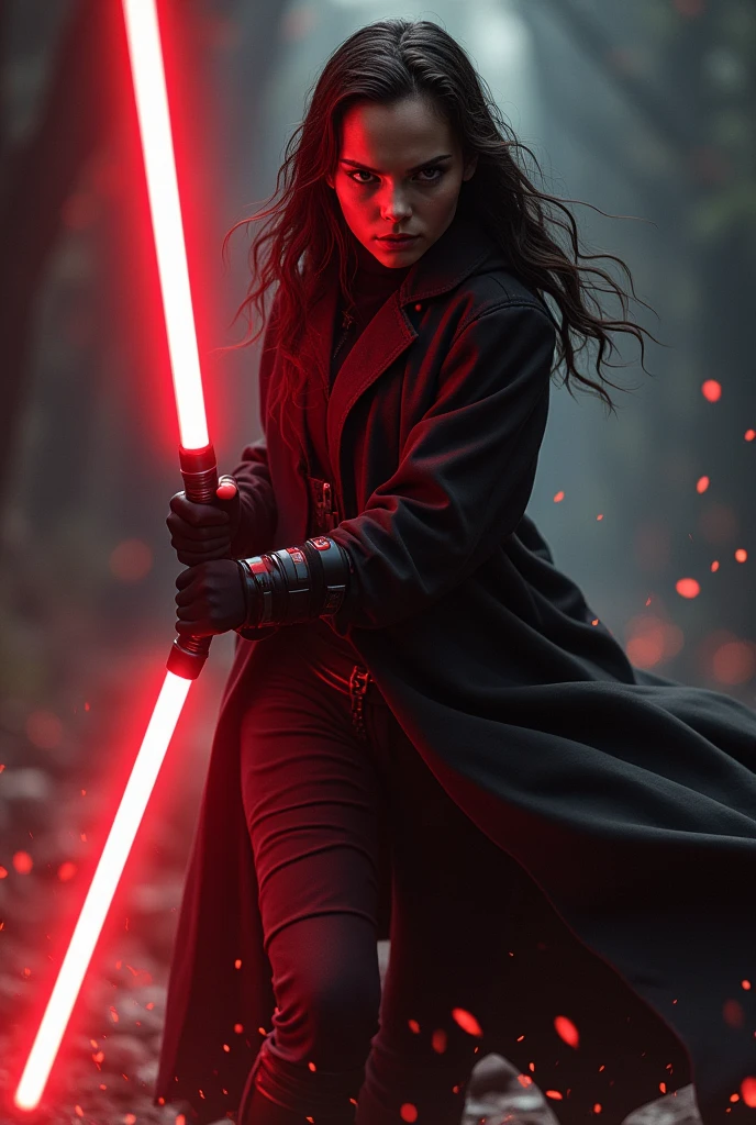 Dafne Keen as a Sith, red lightsaber, advancing, fury, rage, anger ...