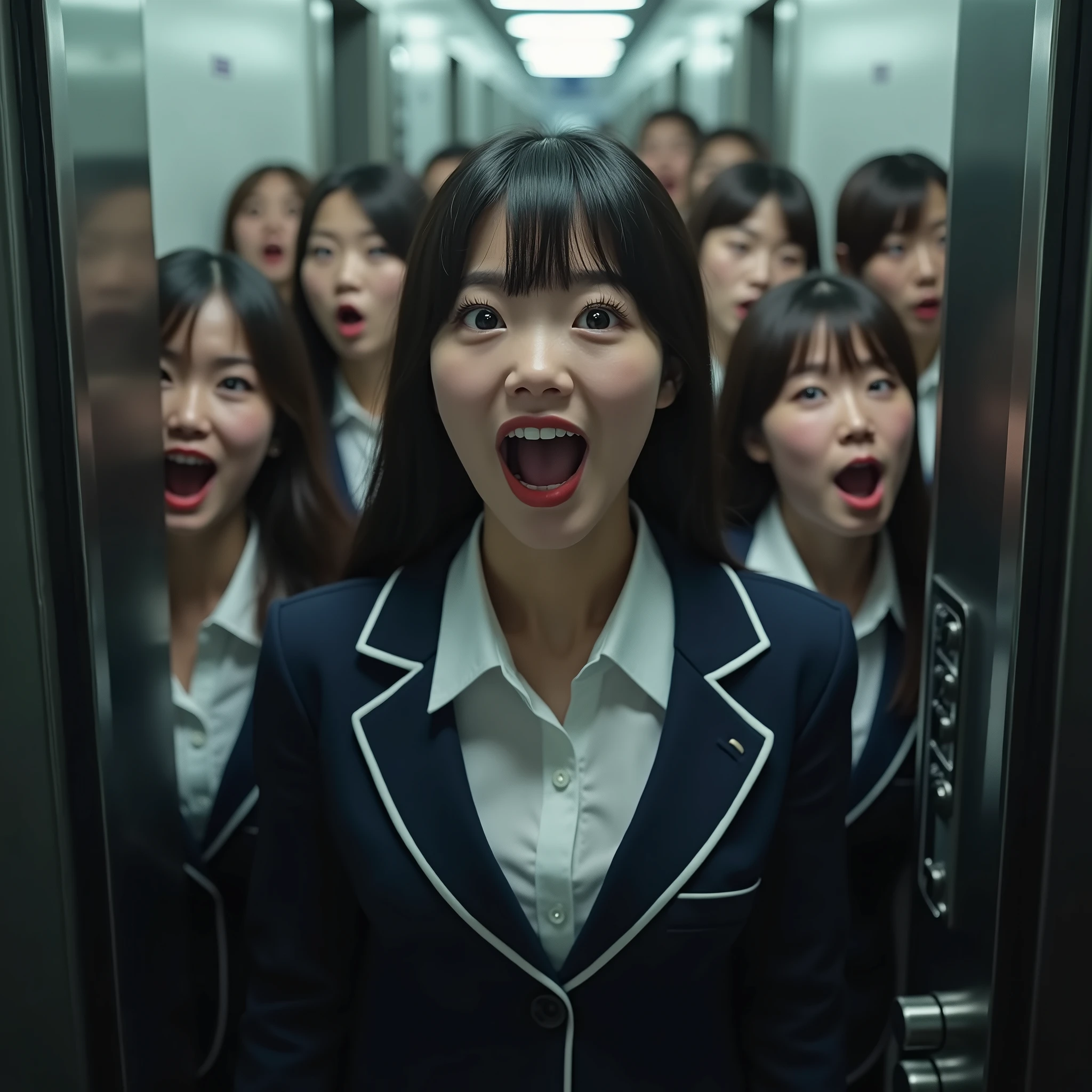 There are many people standing in a room with a woman in a suit - SeaArt AI