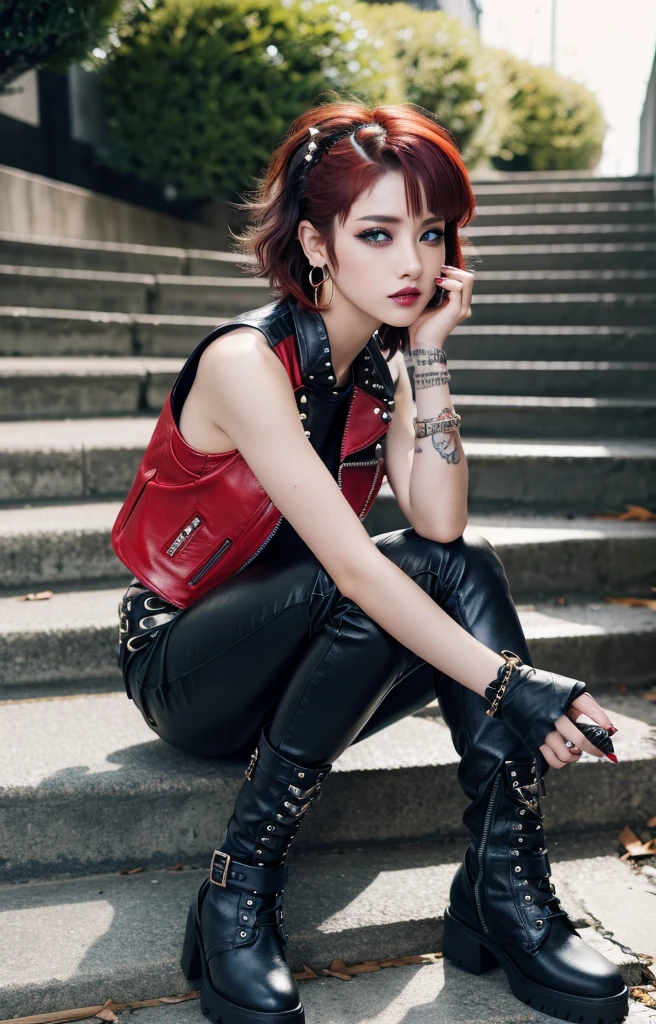 Single，Red short hair，Messy hair，Punk Makeup，cool，Photorealism - SeaArt AI