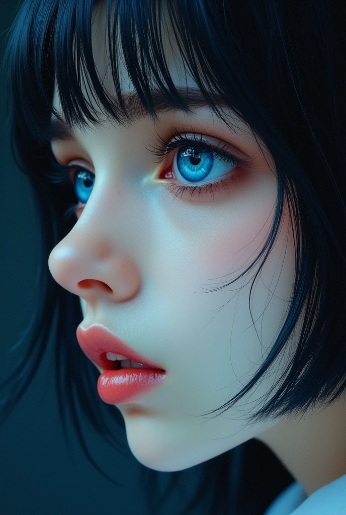 Realistic close-up drawing, the very blue gaze of an extremely ...