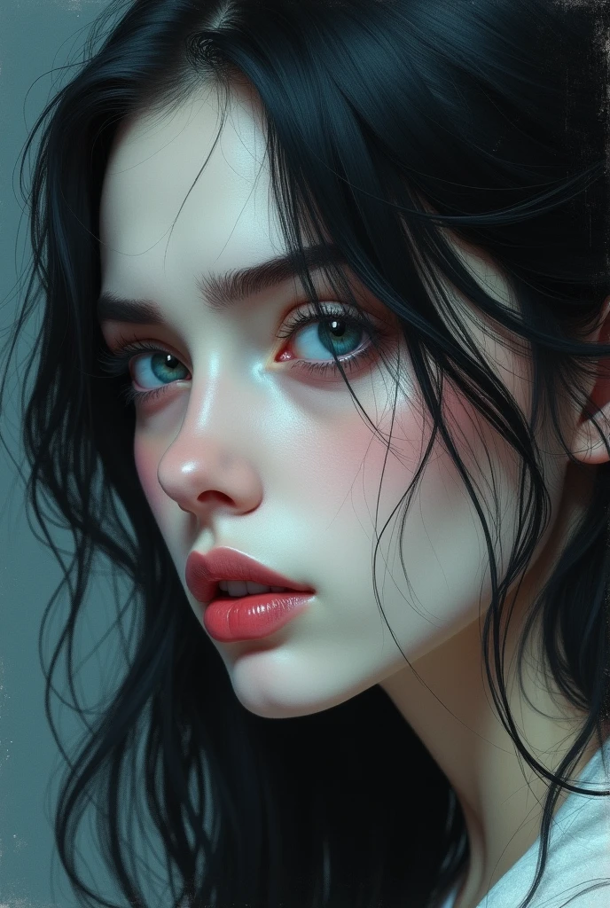 Realistic close-up drawing, the empty look, angry and sad very blue of ...