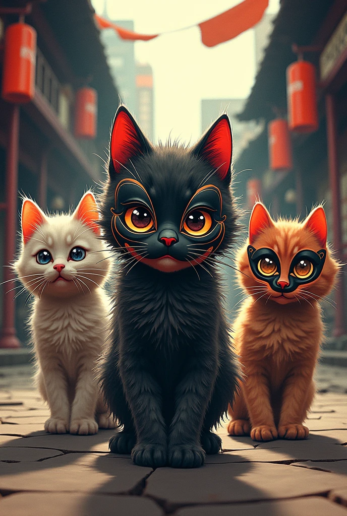 Masked kittens at eye level in epic manga version - SeaArt AI