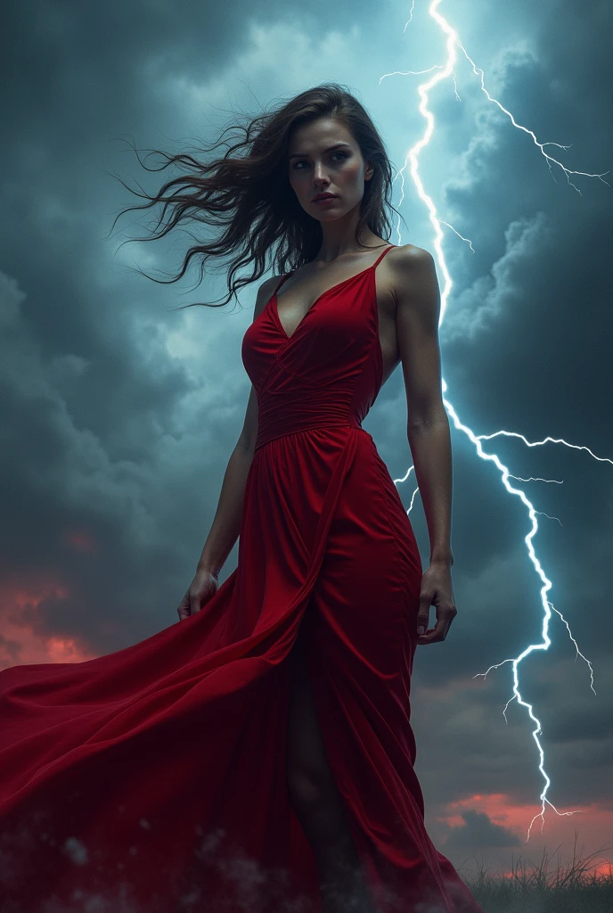 Make me a woman wearing dark red dress fierce wave hair Clouds and RED ...