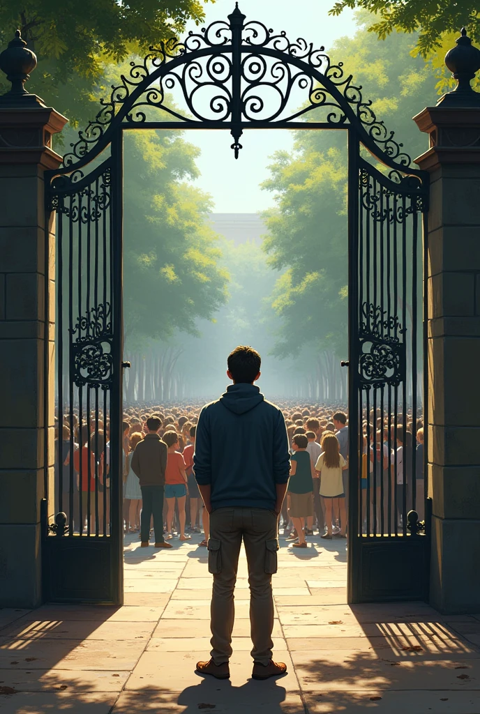 "A man is standing in front of a closed gate of a zoo, and behind the ...