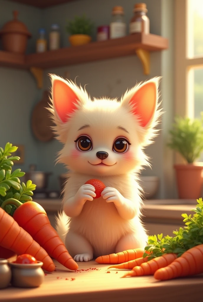 The long-haired, cream-colored Chihuahua is taking colorful vegetables ...