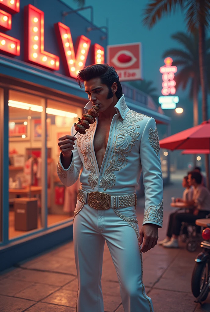 Create the elvis eating kalamaki with one hand on evlis store - SeaArt AI