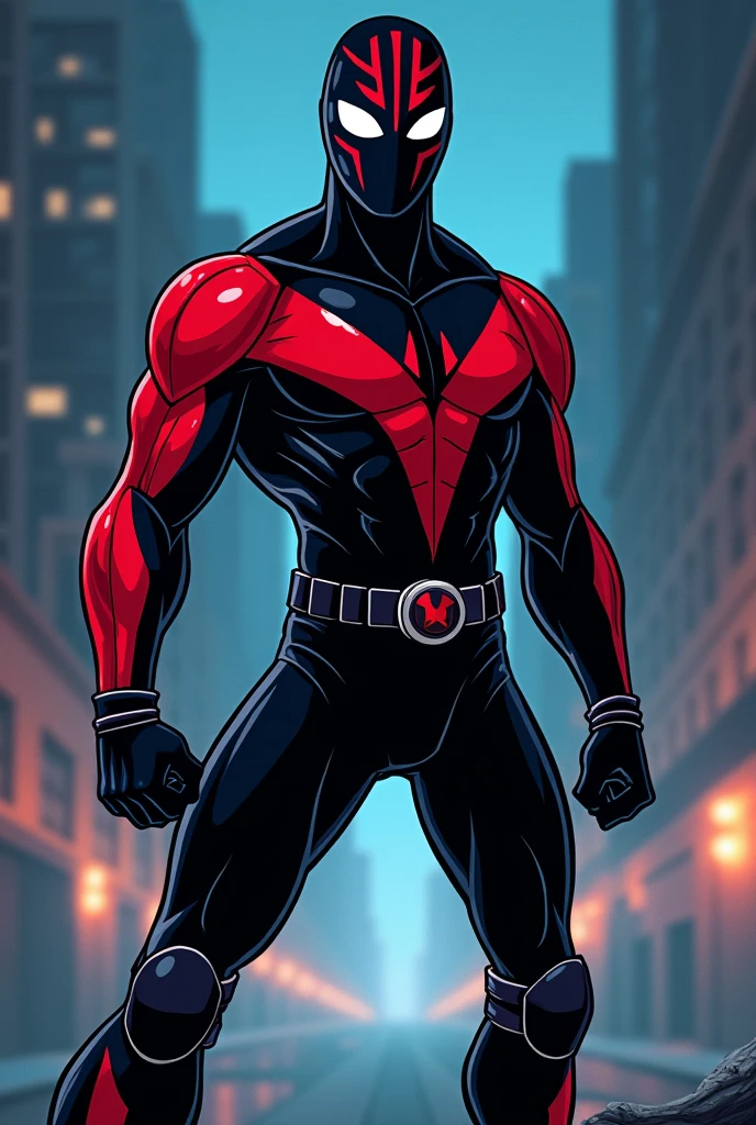 An 80's action cartoon style ninja black outfit red chest red shoulder ...