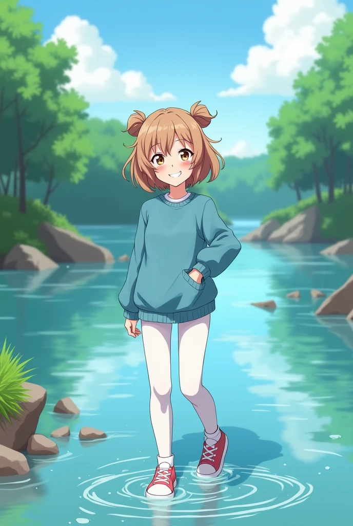 Anime girl, short light brown hair with double ponytails, grins ...