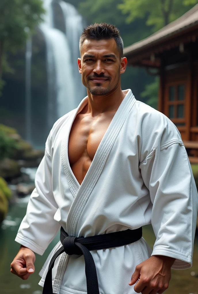 A handsome muscular man, smiling , wearing a karate gi, open chest ...