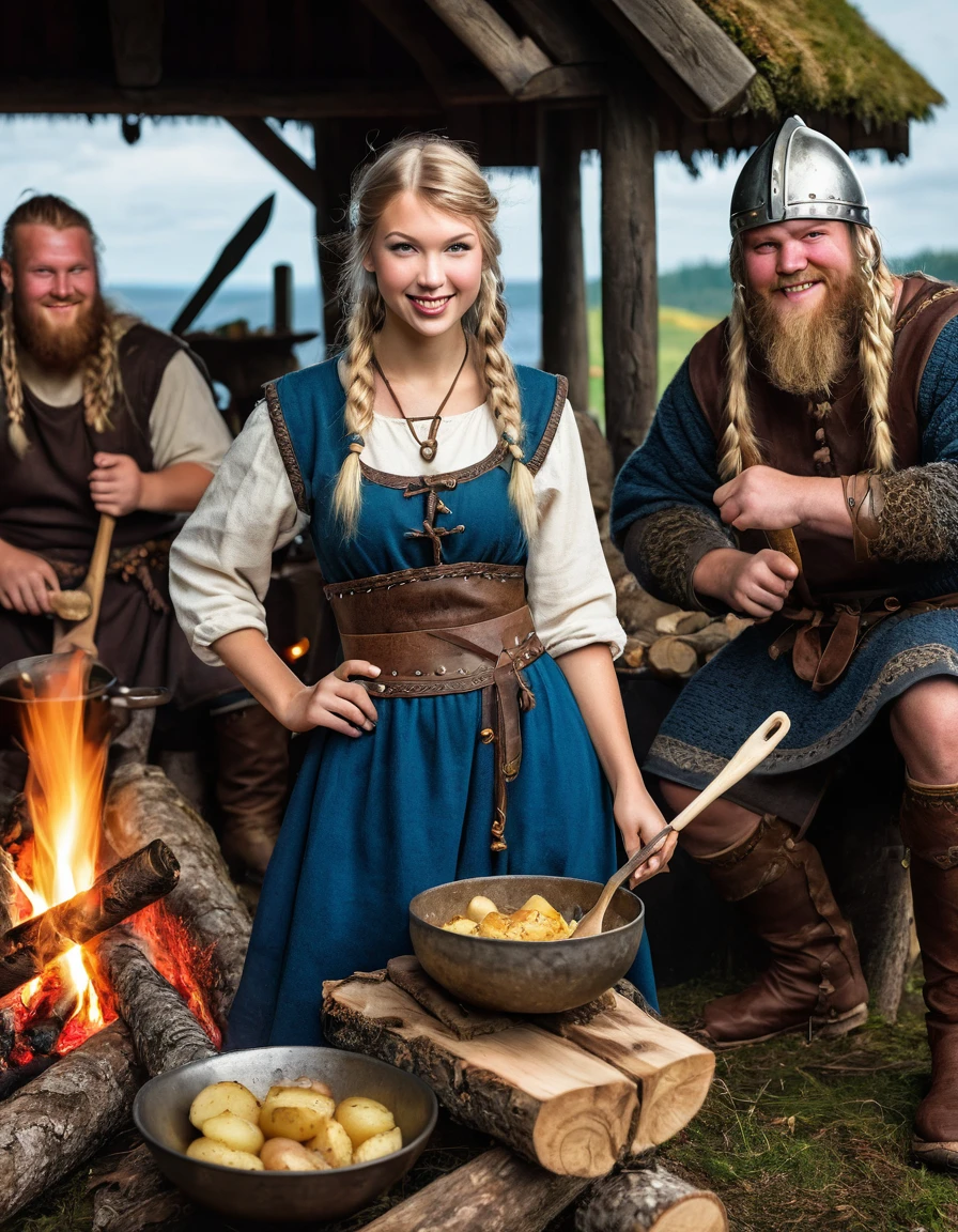 5 viking people, Taylor cooking dinner, pot on firewood, standing stir ...