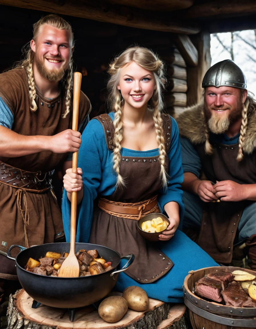 3 male viking people, Taylor cooking dinner, pot on firewood - SeaArt AI