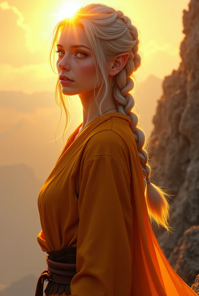 Cluse up portrait. A 1 female half-elf monk with sun-kissed skin ...