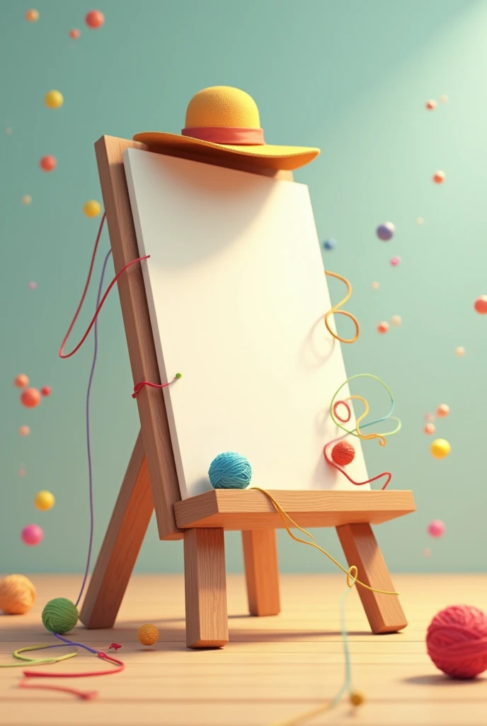 An easel with a blank picture, the easel decorated with threads and on ...