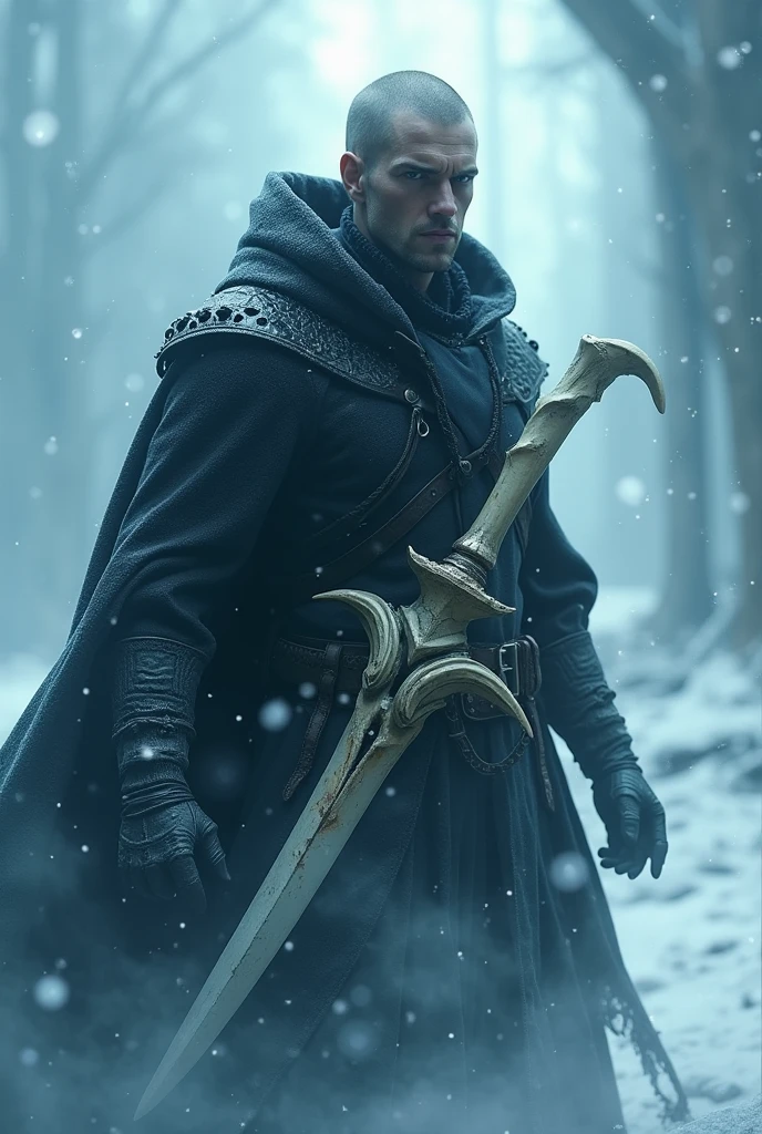 A man in dark clothes, holding a dagger that looks like a jaw bone ...